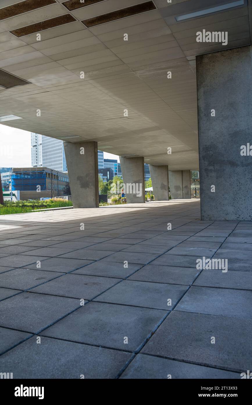 Open space on the base of the skyscraper building with a maintenance ...
