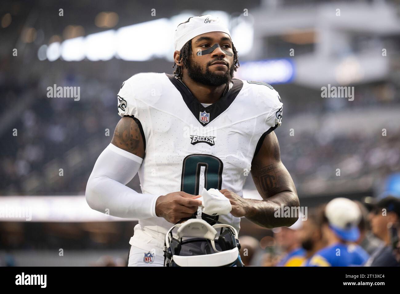 Philadelphia Eagles running back D'Andre Swift (0) walks back to the ...
