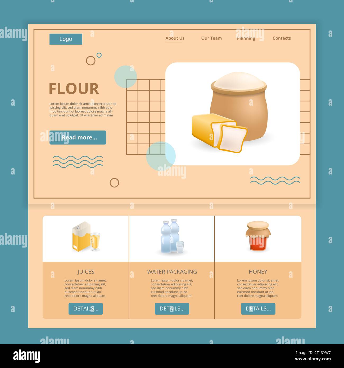 Flour flat landing page website template. Juices, water packaging ...