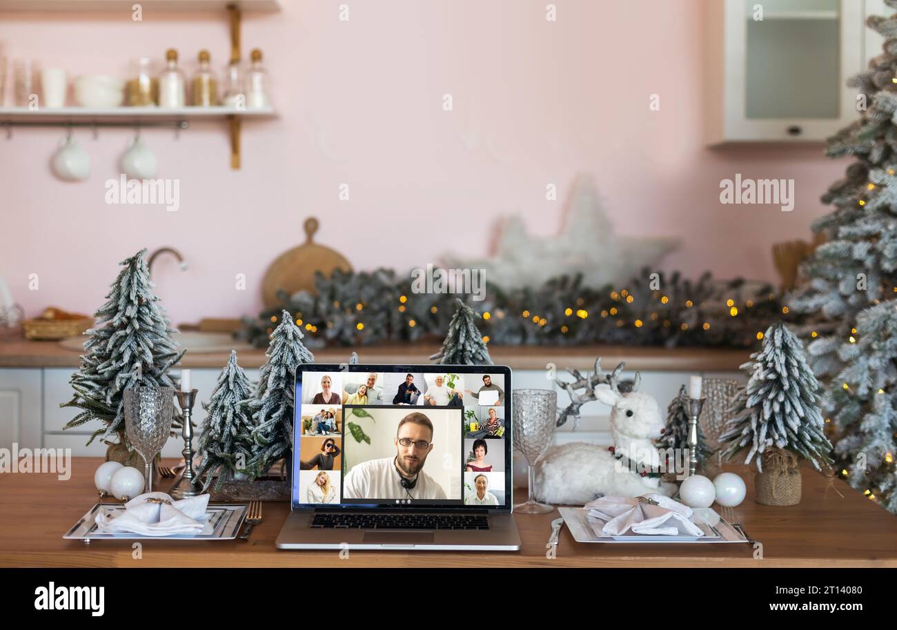 Family video call by remote chat laptop computer screen on Christmas ...