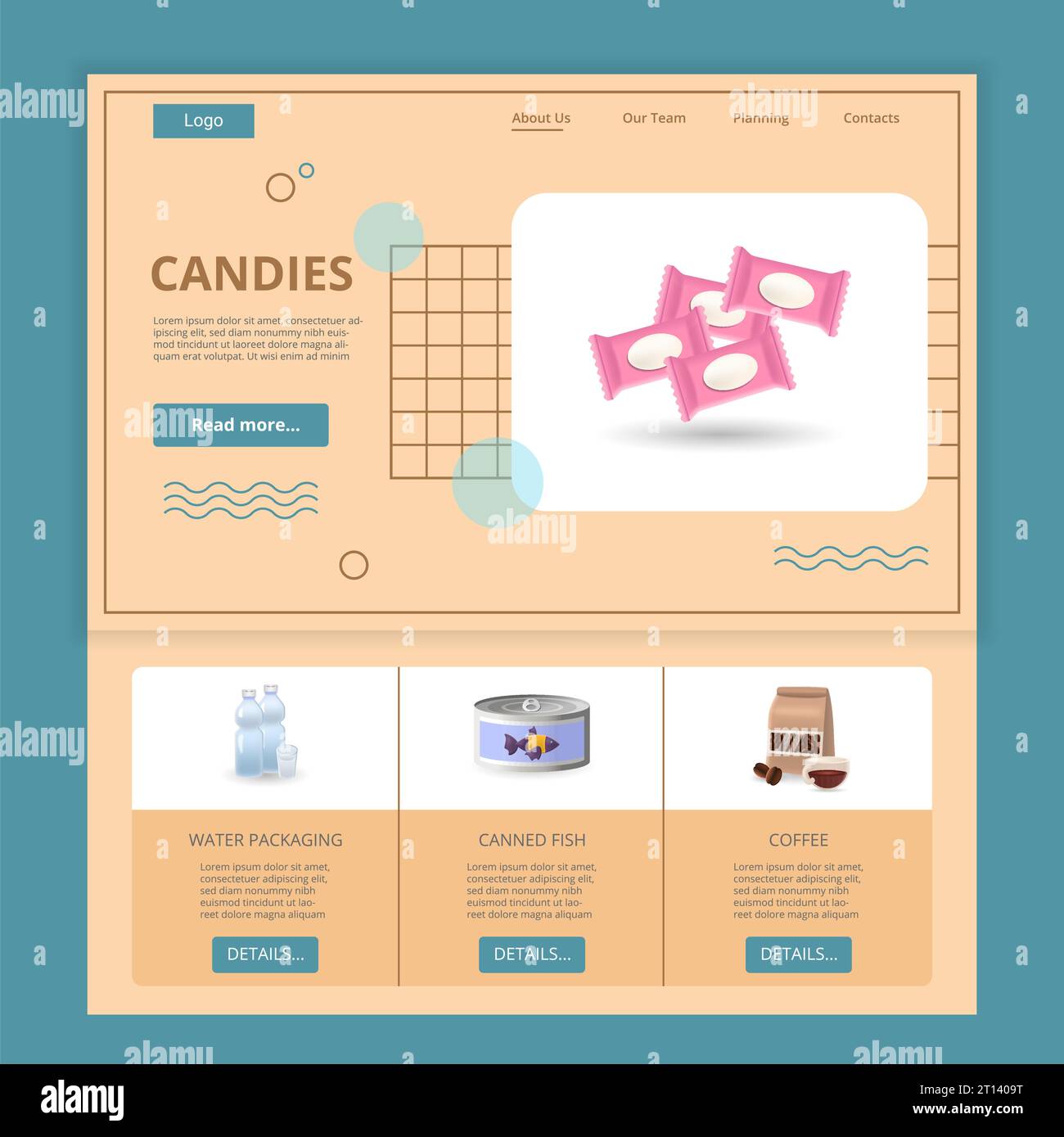 Candies flat landing page website template. Water packaging, canned ...
