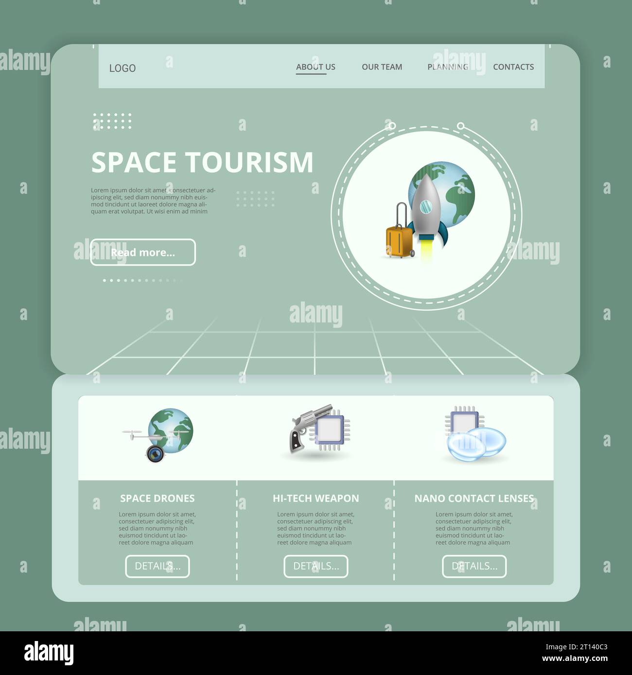 Space tourism flat landing page website template. Space drones, hi-tech ...