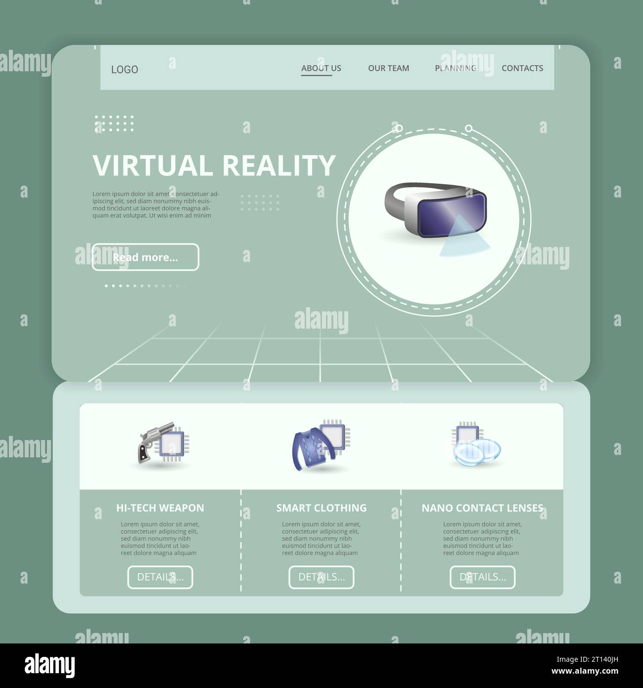 Virtual reality flat landing page website template. Hi-tech weapon ...