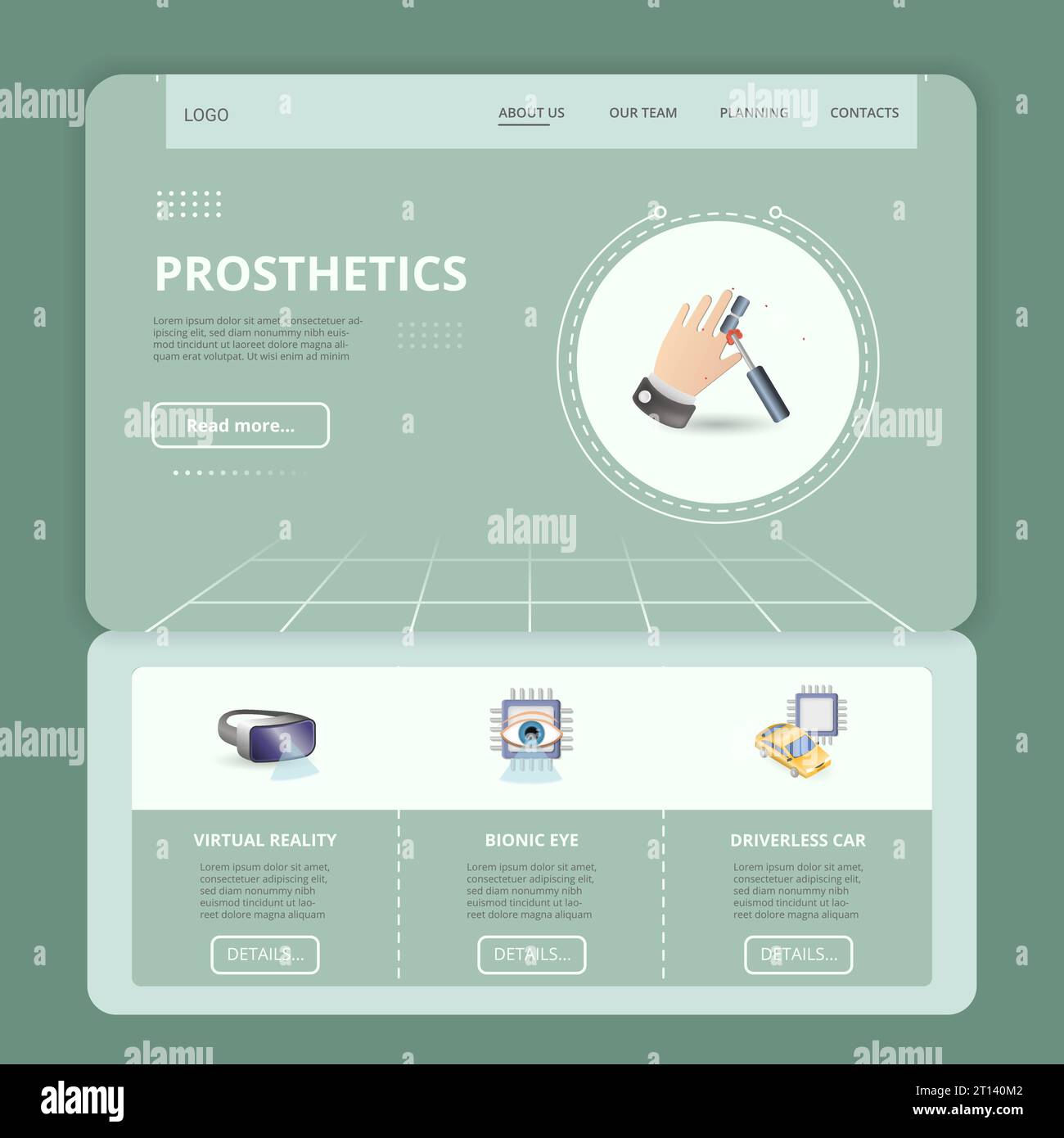 Prosthetics flat landing page website template. Virtual reality, bionic eye, driverless car. Web ...