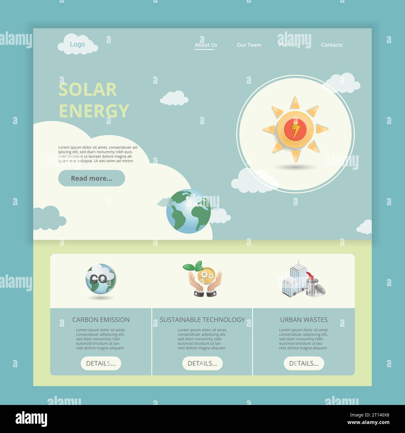 Solar energy flat landing page website template. Carbon emission, sustainable technology, urban ...