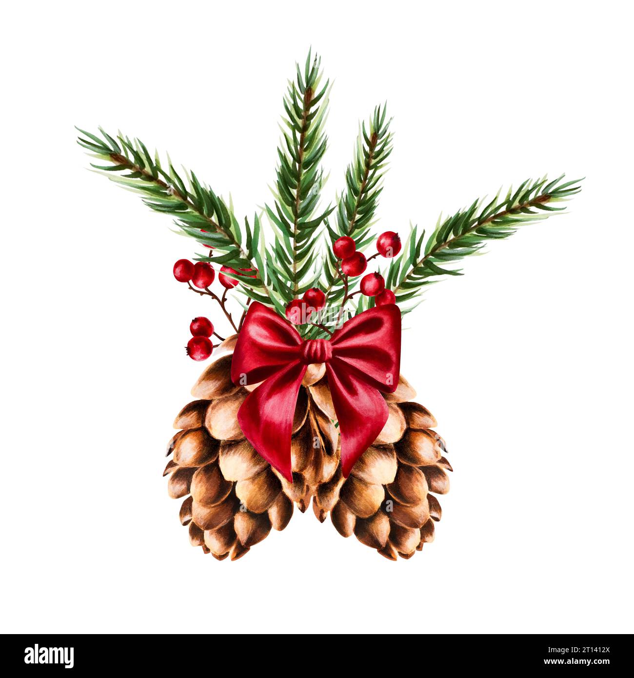 Watercolor hand drawn cone with red satin bow, pine branch and red berries on a branch. New year ...