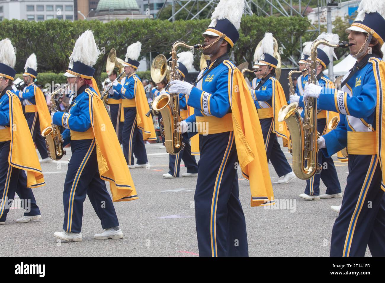 Members UCLA Bruin Marching Band perform during the Taiwan National Day ...