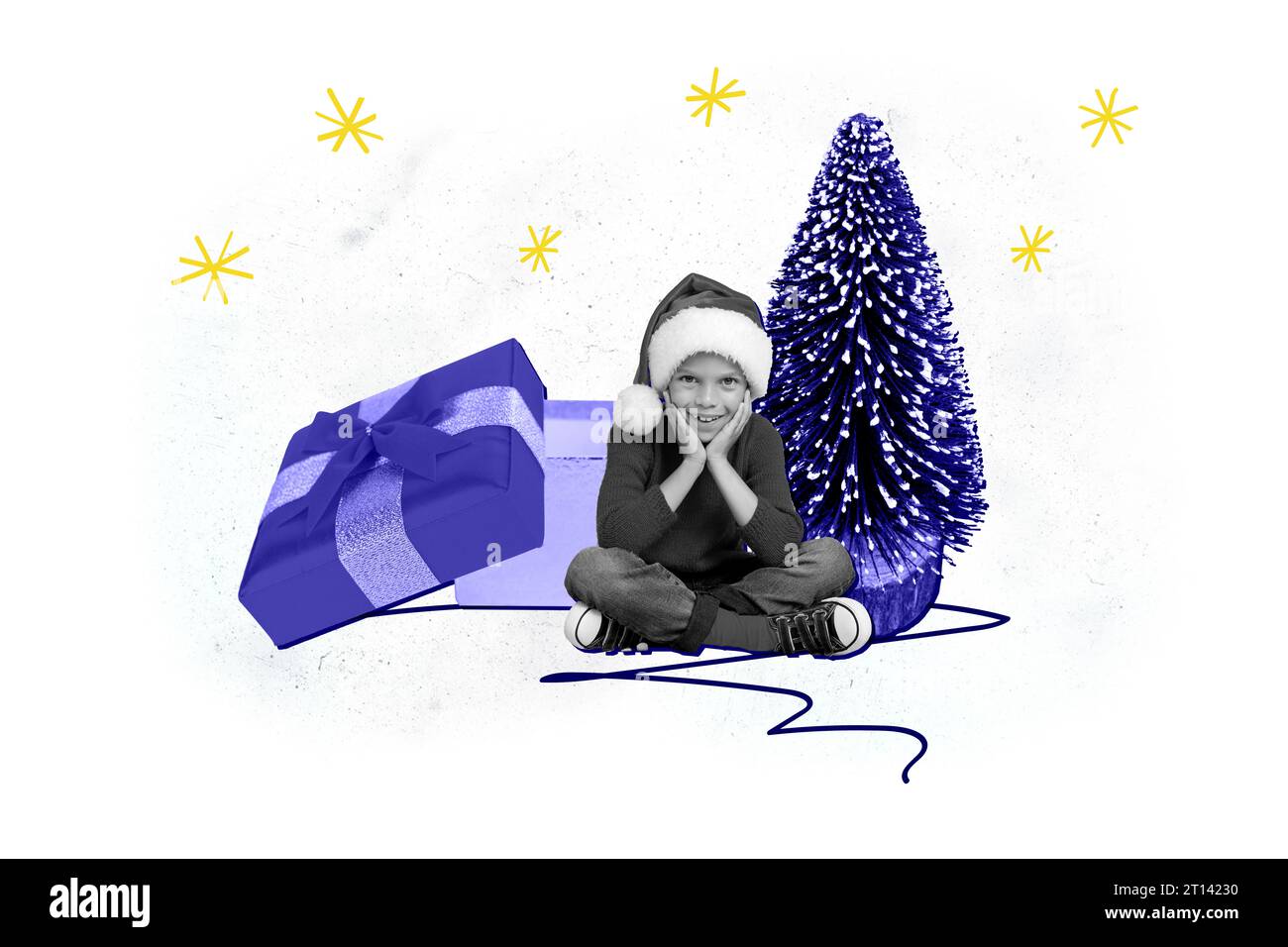 Creative drawing collage picture of funny cute little boy dreamy have ...