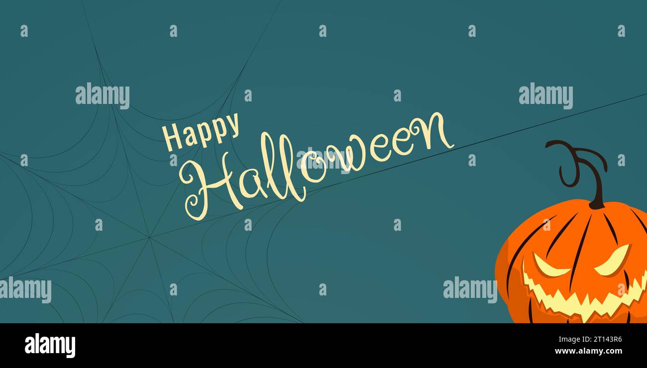 Halloween banner with scary pumpkin and stretched web. Vector ...