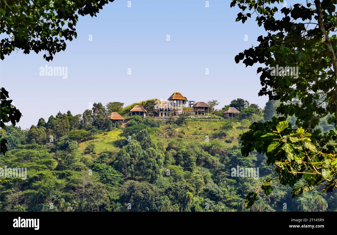 Settlement with native houses seen in the Kabarole District in Uganda ...