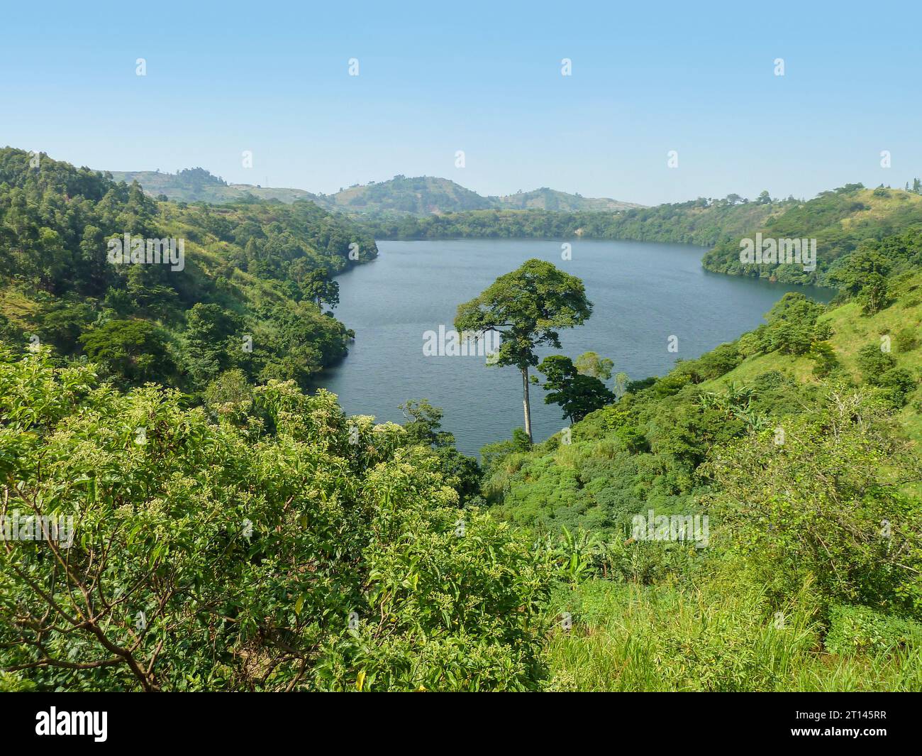 Sunny scenery around a lake in the Kabarole District in Uganda, Africa ...