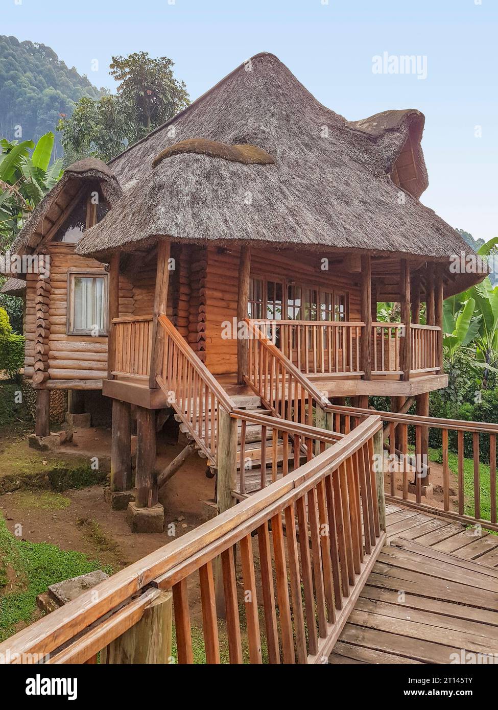 Wooden lodge with veranda and stairs seen in Uganda, africa Stock Photo ...