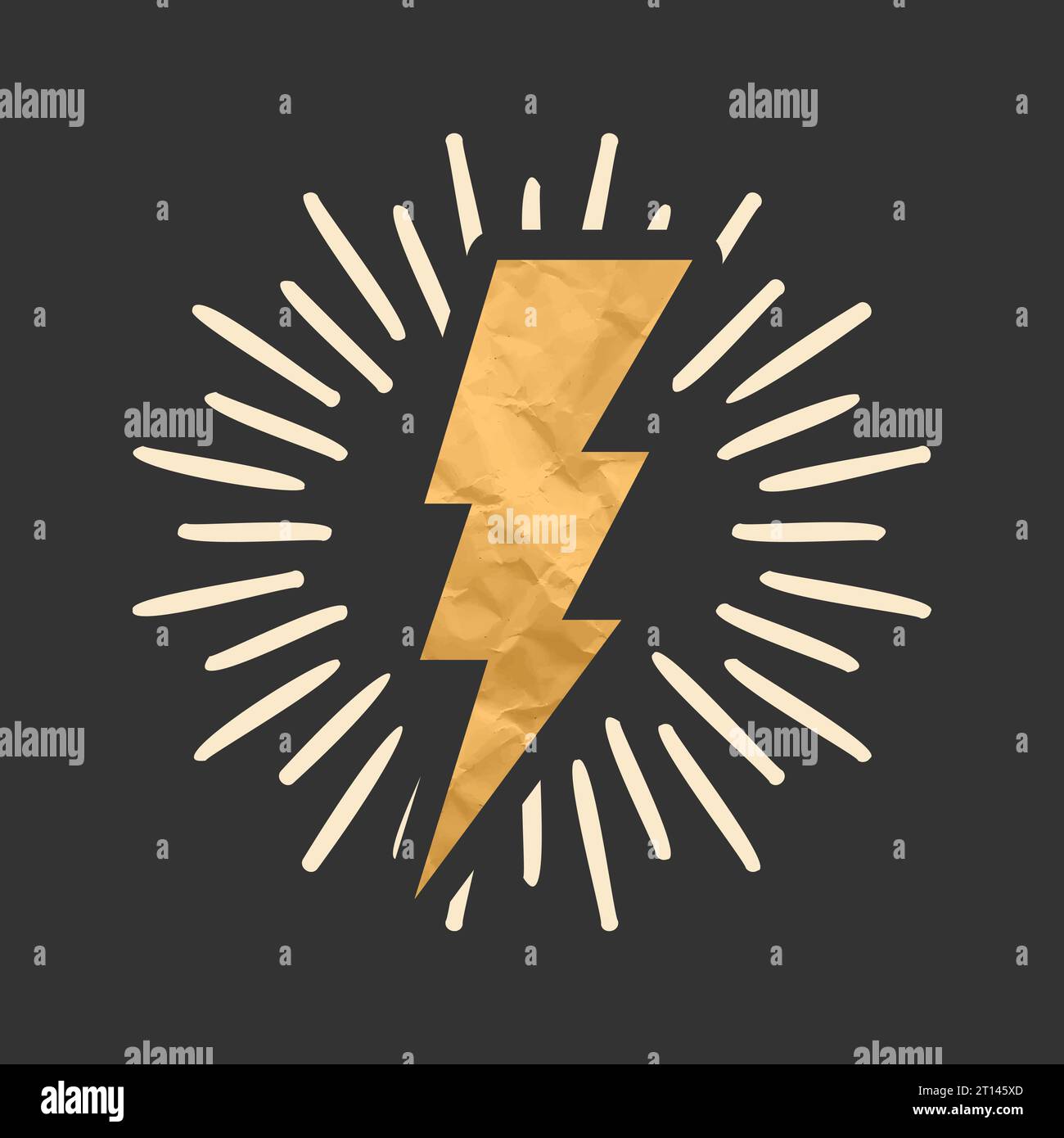 Vintage lightning bolt and sunrays. Lightnings with crumpled paper ...