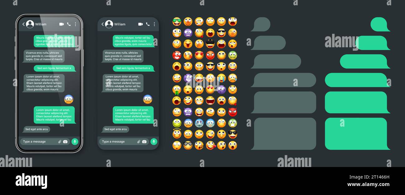 Smartphone messaging app, user interface with emoji. SMS text frame ...