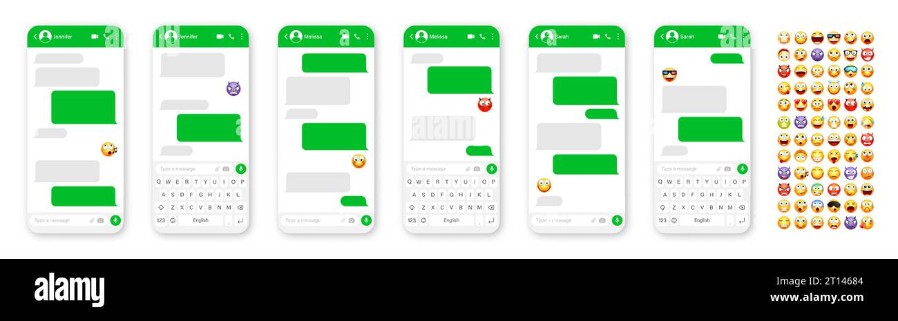 Smartphone messaging app, user interface design with emoji. SMS text ...