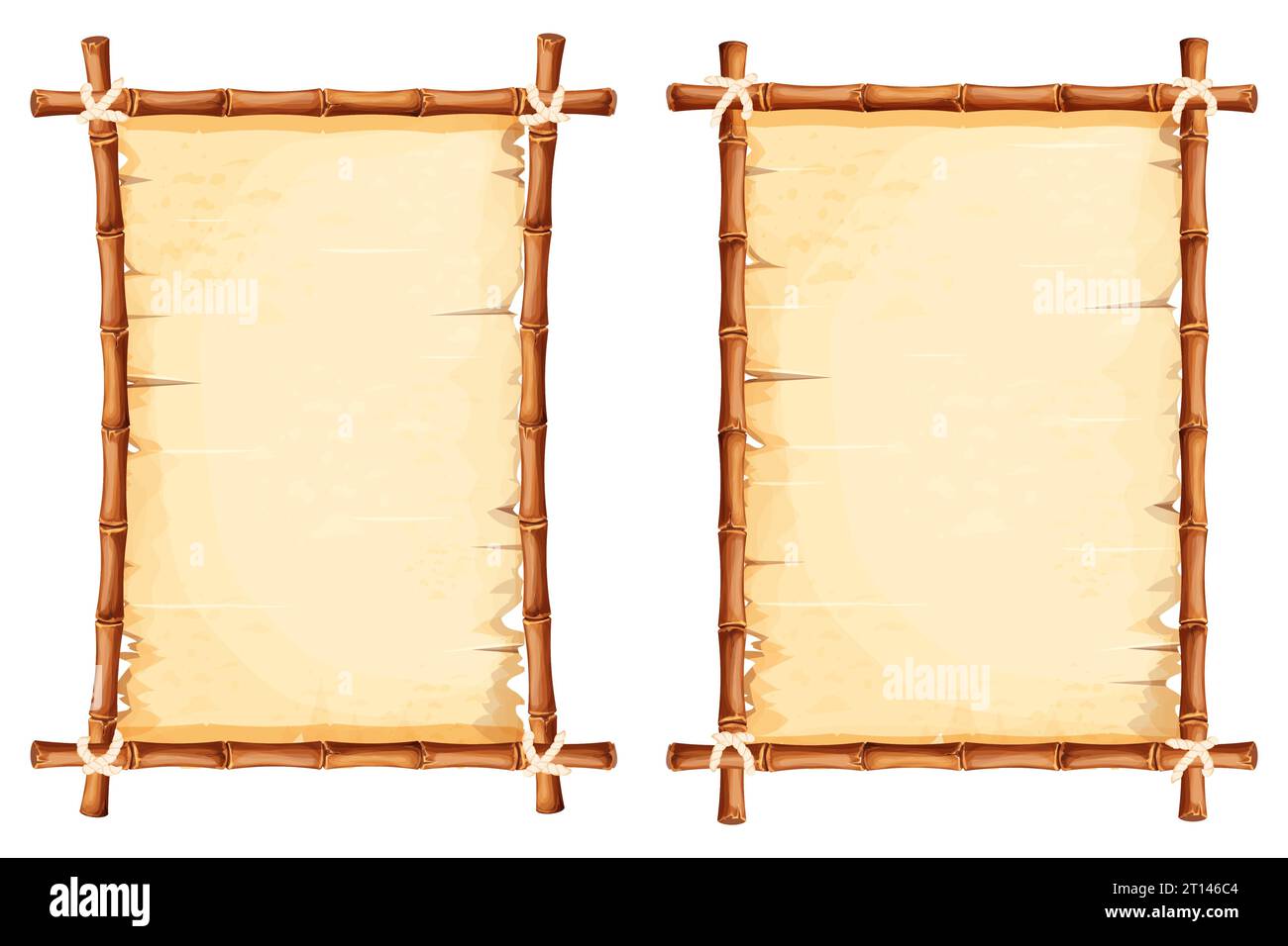 Set Bamboo frames with old parchment paper decorated with rope in ...