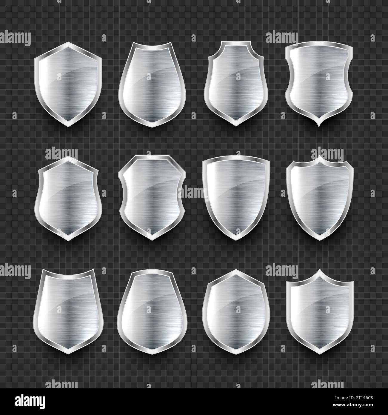 Set of various vintage 3d metal shield icons. Shiny steel heraldic ...