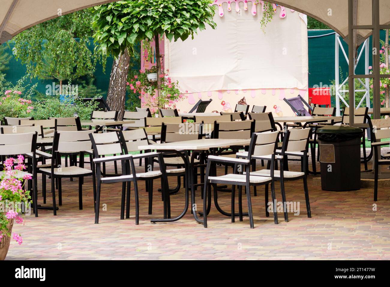 street cafe, tables and stools on the street. restaurant, cafeteria ...