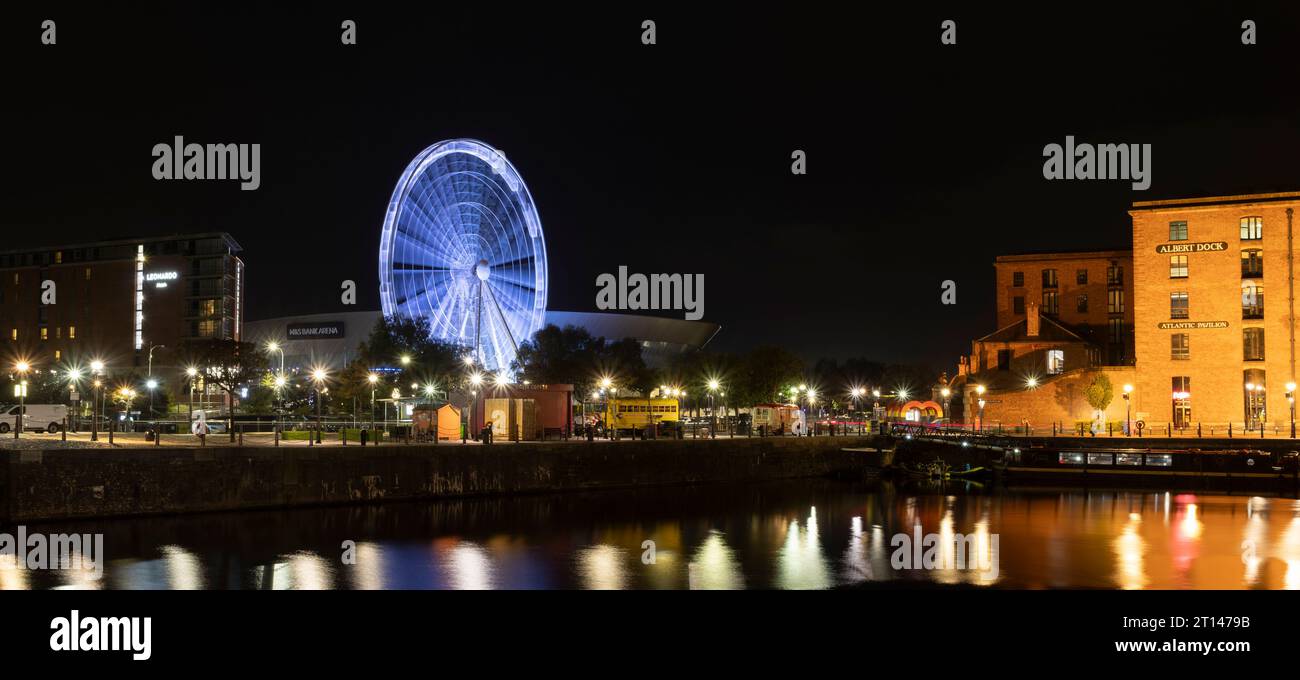 Liverpool, united kingdom May, 16, 2023 Wheel of Liverpool at night in ...