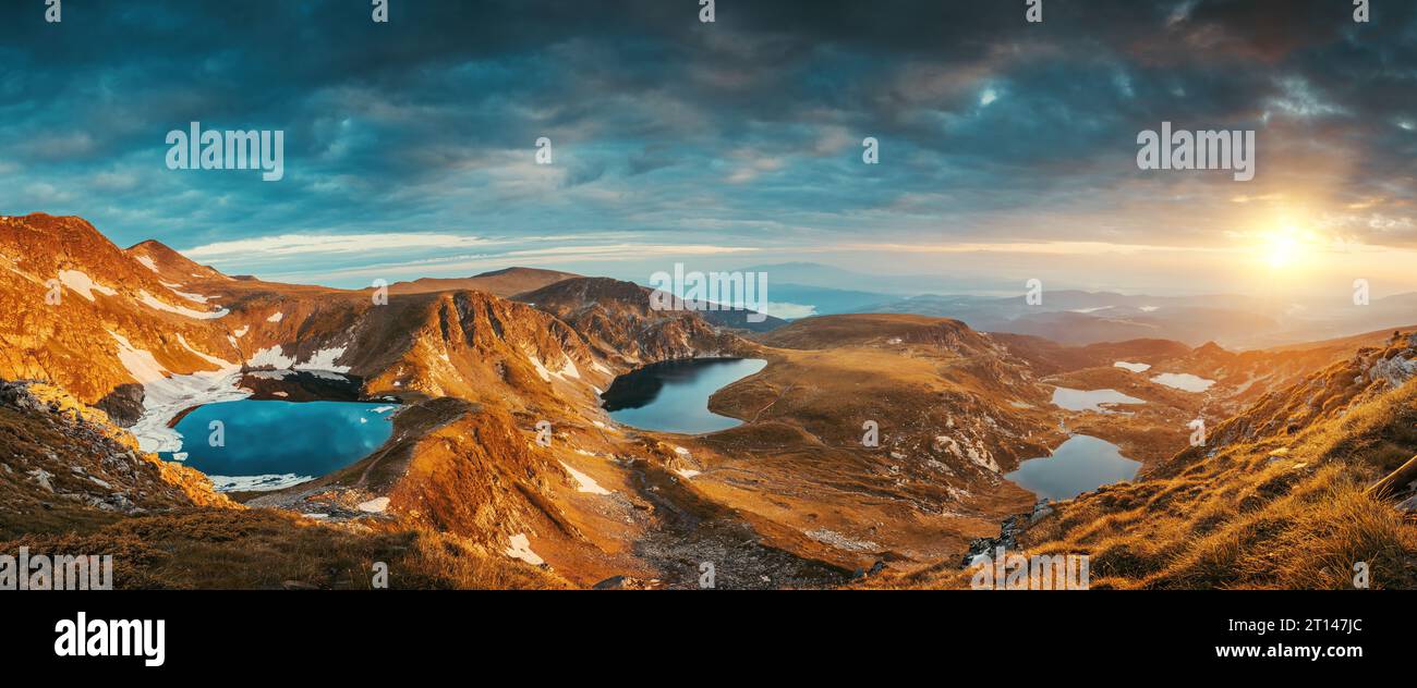 Aerial panoramic view of Seven Rila lakes and waterfalls in nature of ...