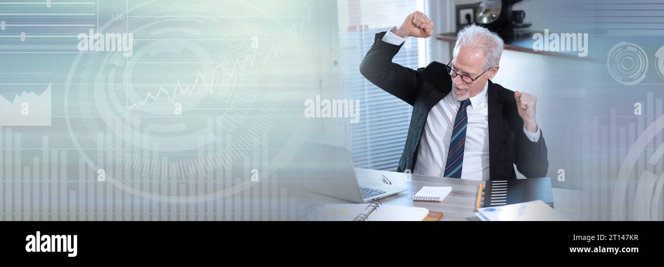Senior businessman with arms up; business success; panoramic banner ...