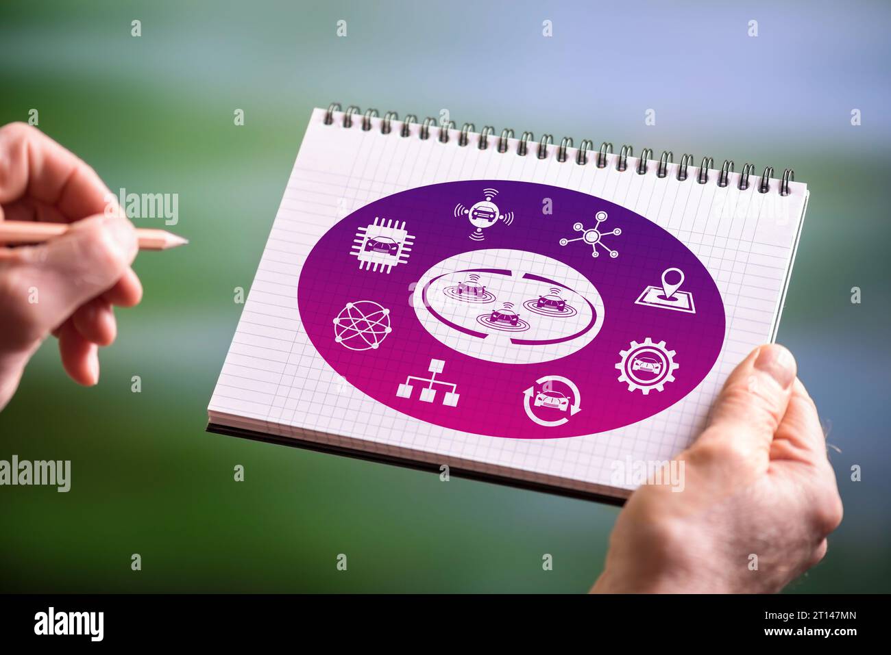 Hand drawing connected cars concept on a notepad Stock Photo - Alamy