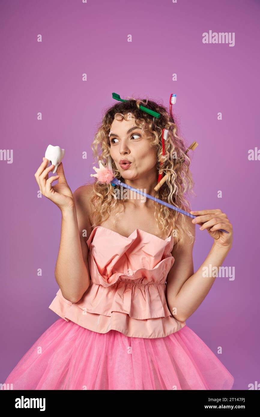 cheerful tooth fairy in pink outfit casting spell on tooth with magic ...