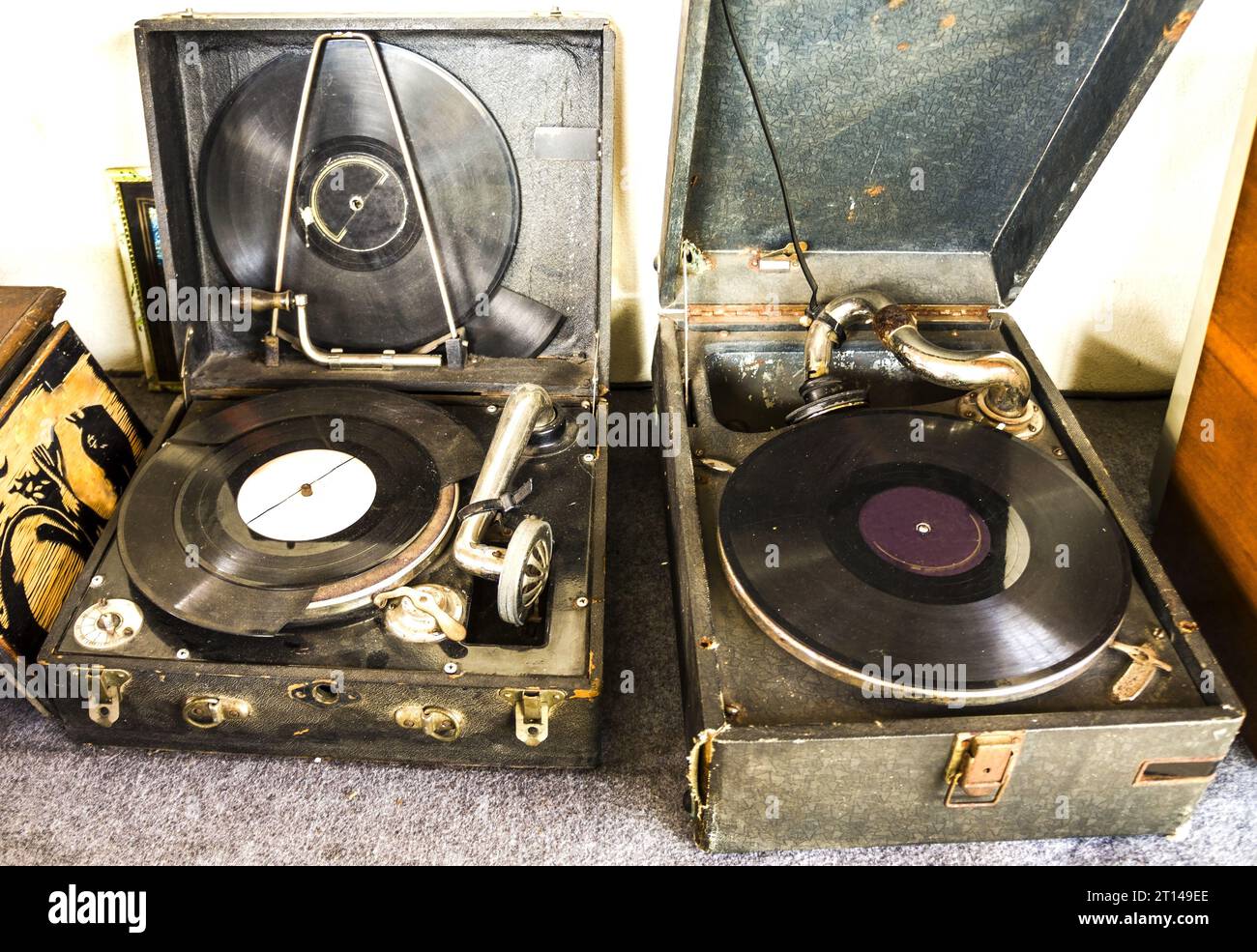 old vintage player of plate. First musical record-player of disks ...