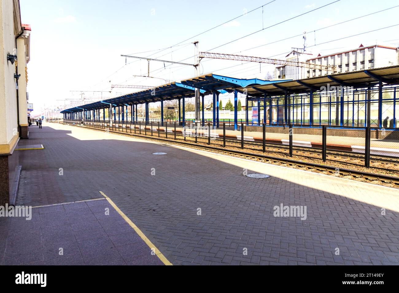 Railway station. Rails and cross ties. Railway transport. Concept long ...