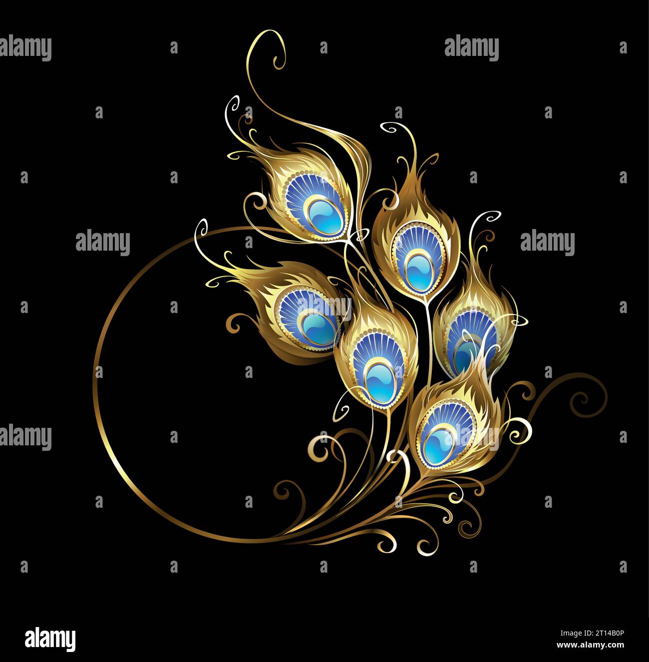 Round, golden monogram, ornate, shiny, jeweled, golden peacock feathers ...