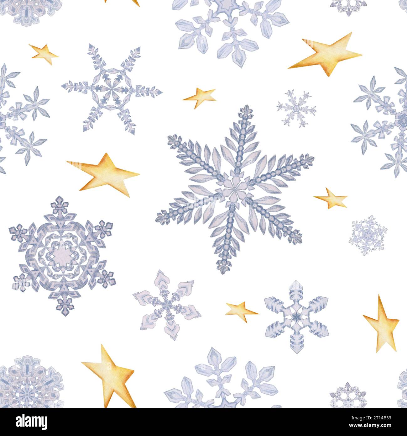 Hand drawn watercolor snowflakes and gold stars, water ice crystals ...