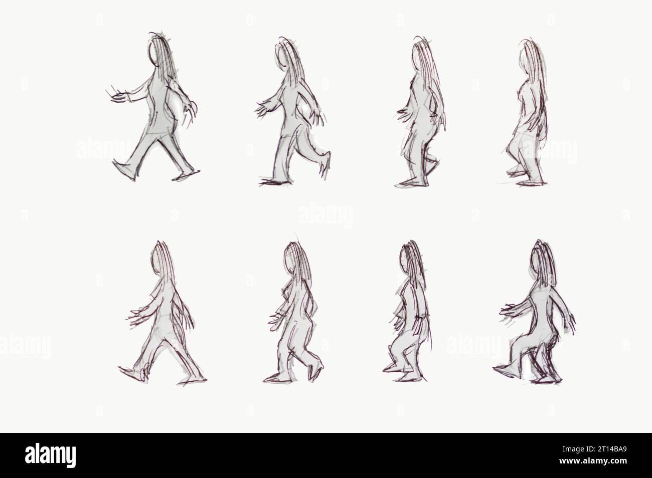 walking cycle of a young woman sketch Stock Photo - Alamy