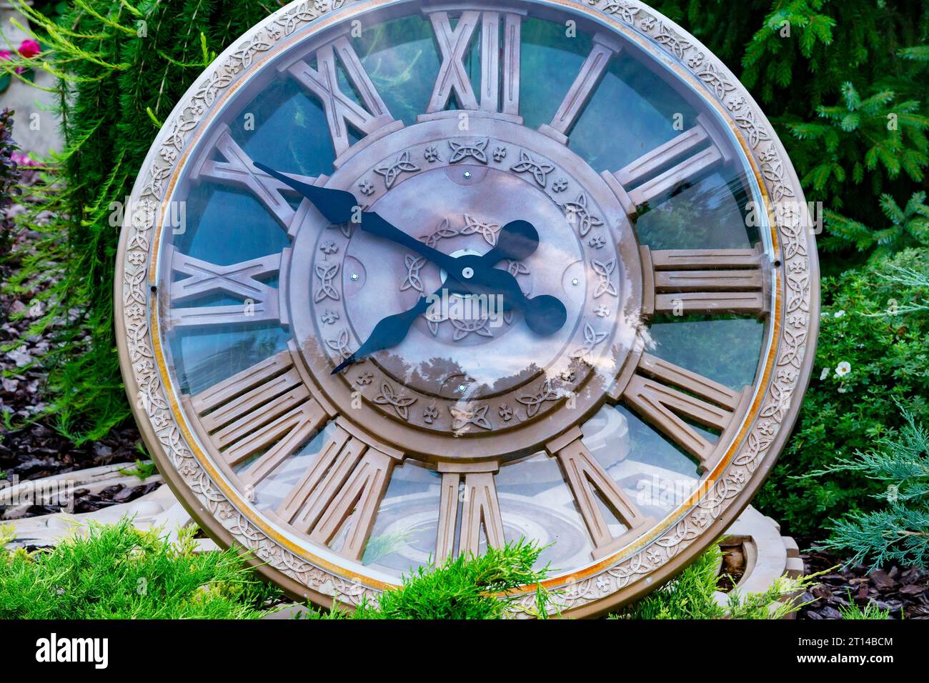 Old vintage clock . Round dial of the wall clock. Concept Time runs ...