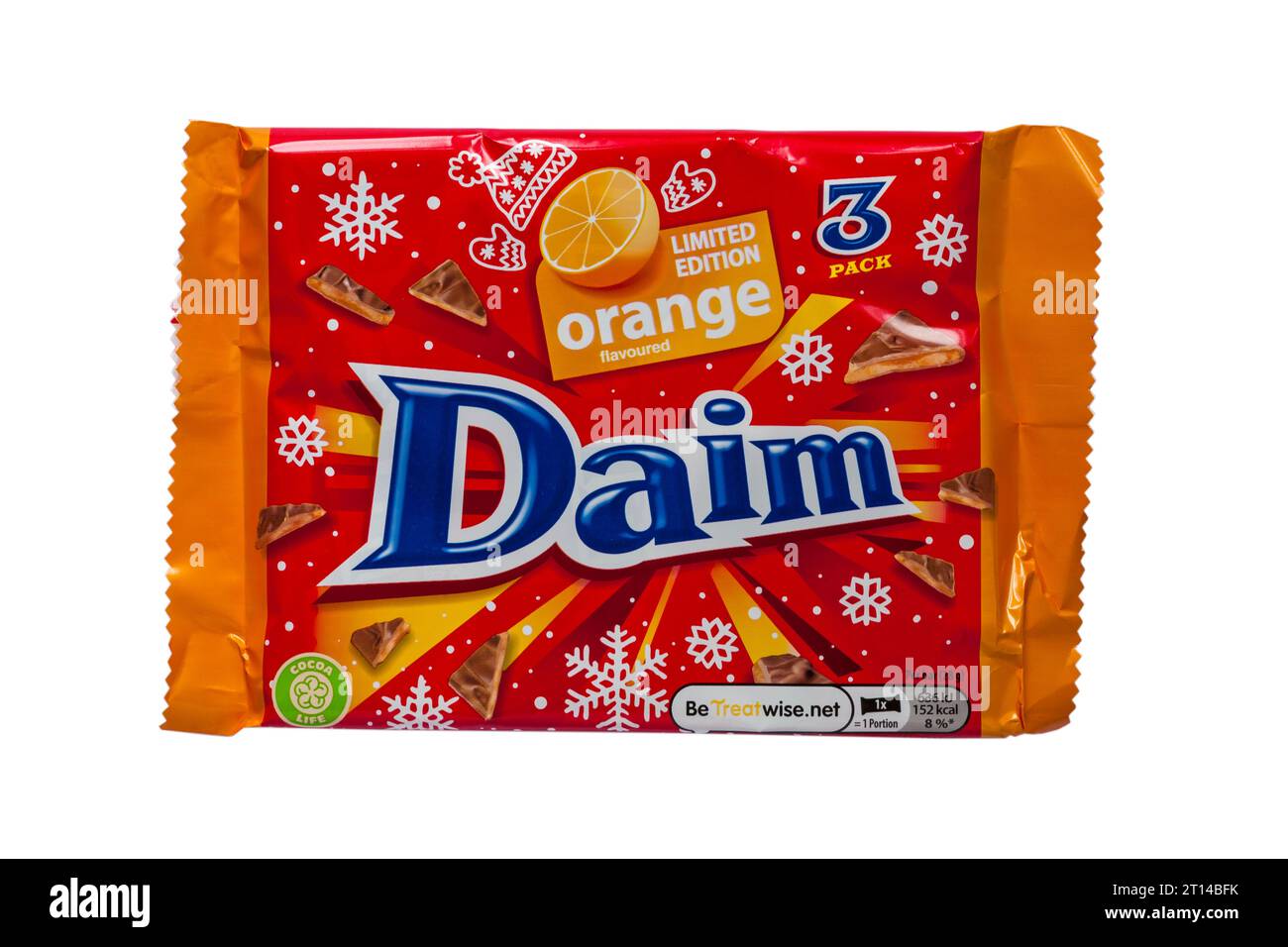 Pack of limited edition Daim Orange flavoured chocolate bars isolated ...