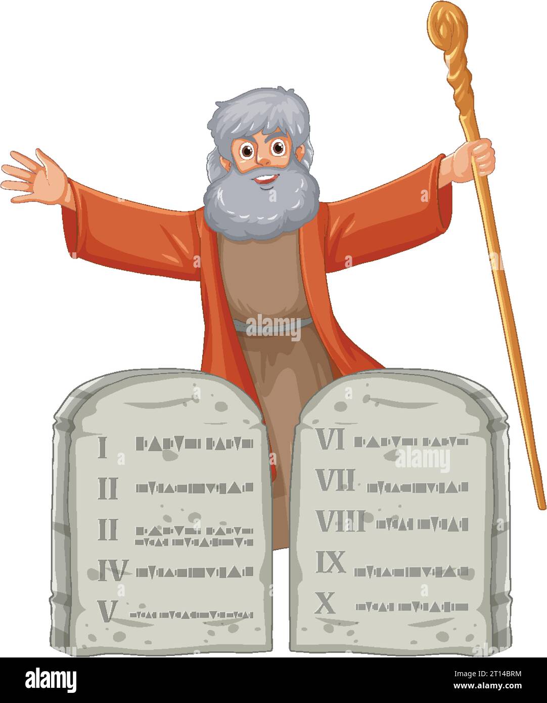 Mosses cartoon character with staff stands behind Ten Commandments ...