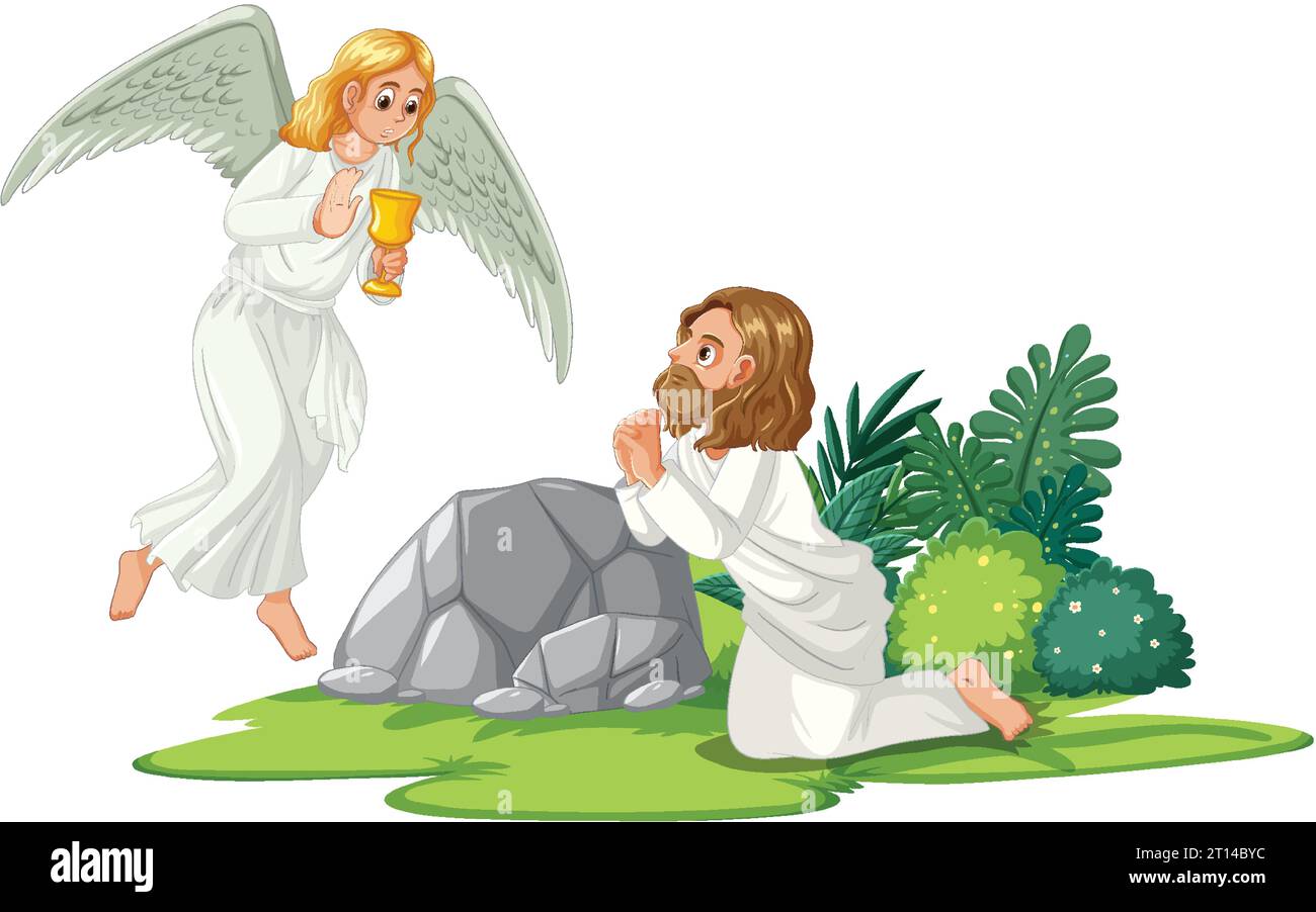 A vector cartoon illustration of Jesus Christ in prayer with an angel ...