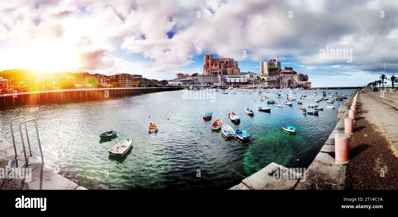 Beautiful panoramic view of the port city of Castro Urdiales. Fishing ...