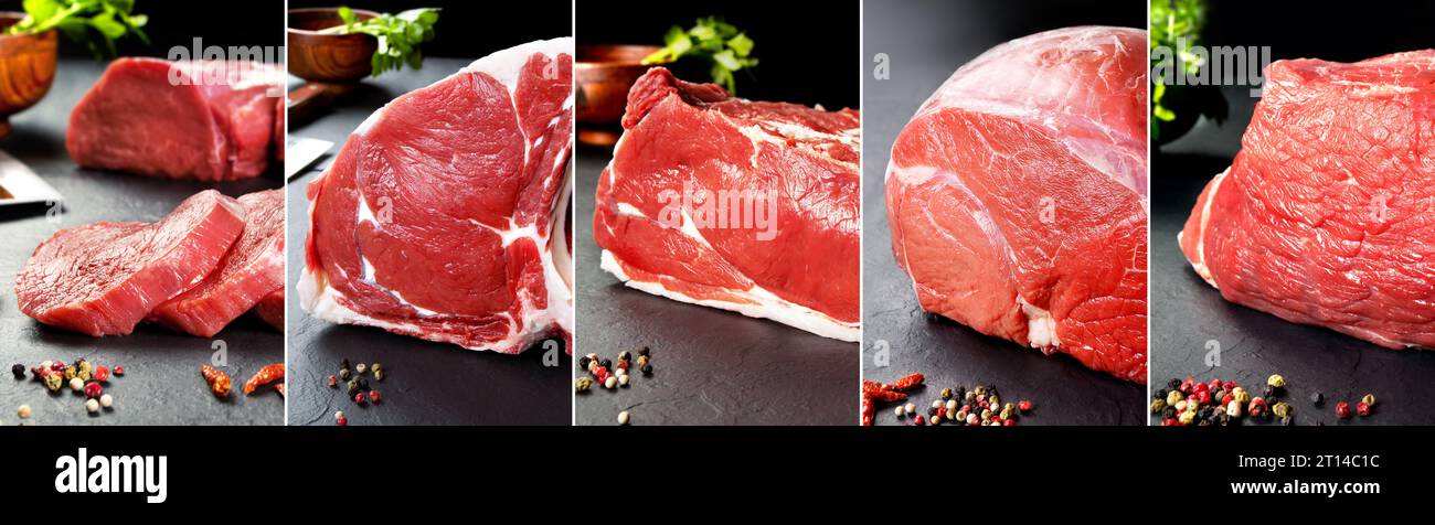 Set of different raw and fresh meats on black stone background.Photo ...