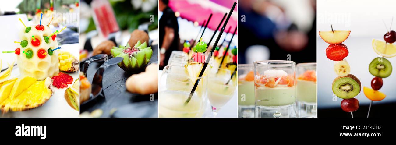 Set of snacks and appetizers for outdoor buffets. Photo collage, banner ...