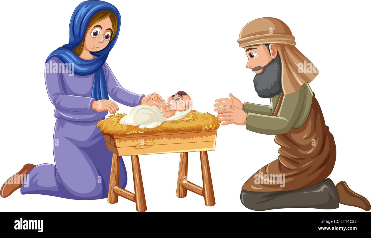 A heartwarming cartoon illustration of Mary giving birth to Jesus, with ...