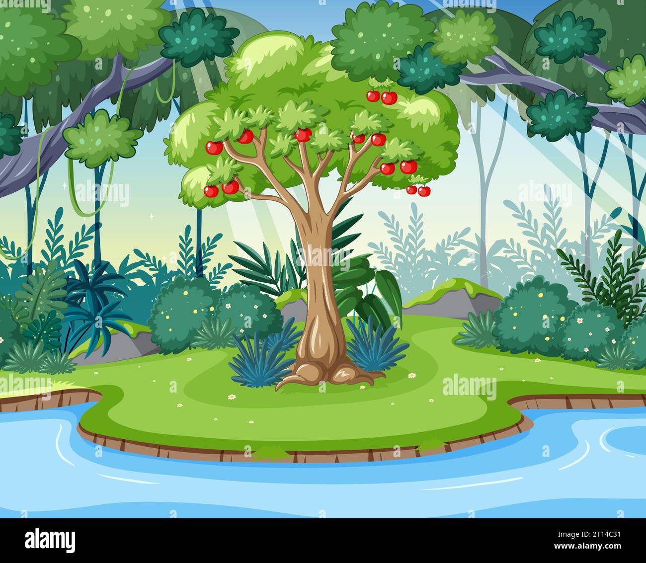 A vibrant cartoon illustration depicting the Garden of Eden with a flowing river and abundant ...