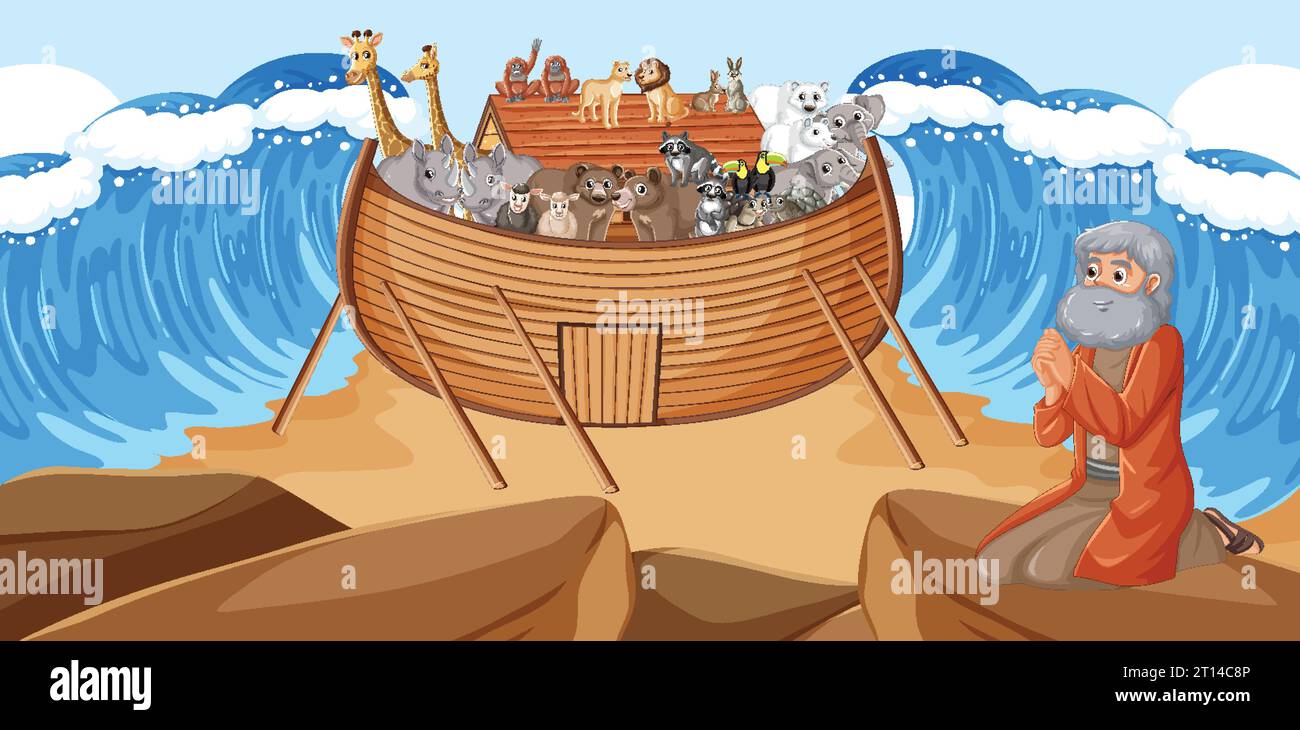 Illustration of Moses praying on a rock while Noah's Ark sails through ...