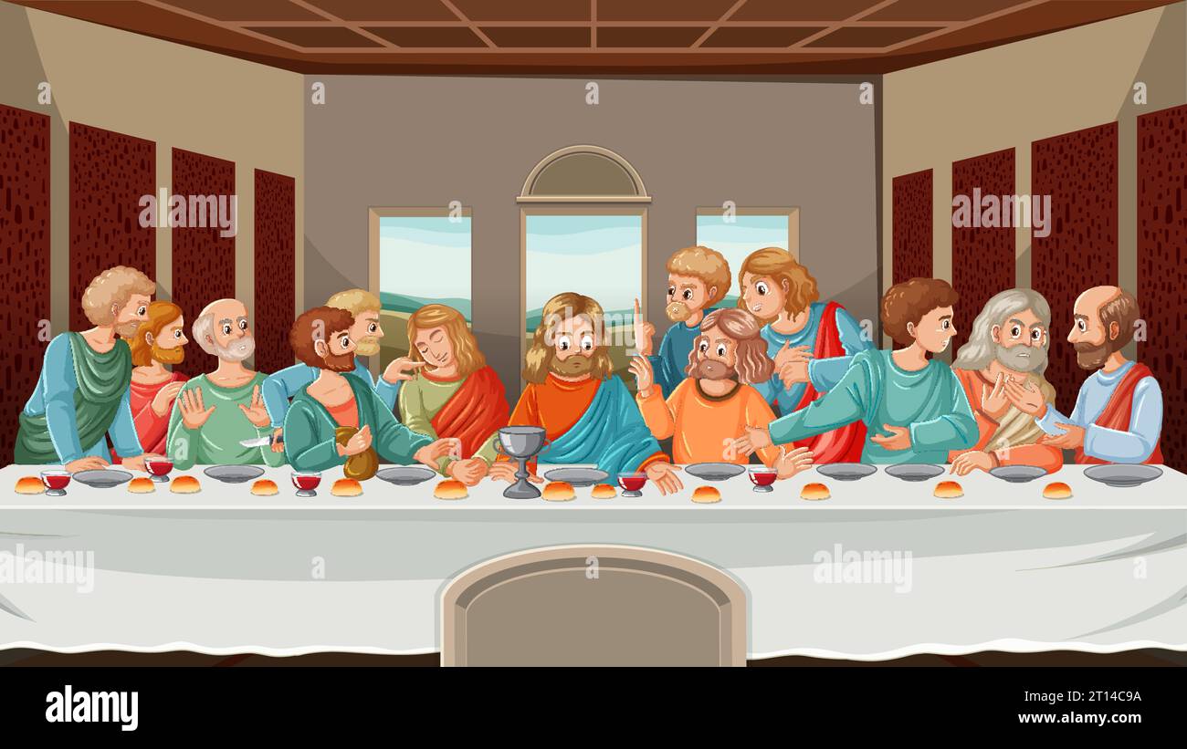 A vector cartoon illustration depicting the Last Supper scene from the last days of Jesus Christ ...