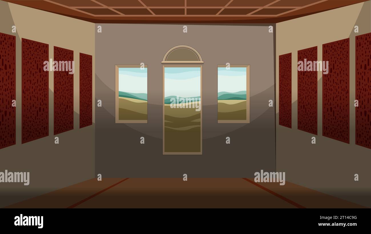 An atmospheric illustration of a large, dimly lit hall with a lofty ...