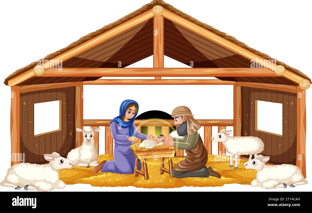 Mary giving birth to Jesus surrounded by sheep and Joseph in a cartoon ...