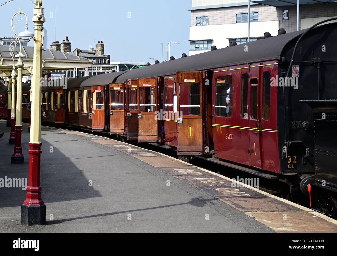 Open carriage doors on a train at Keighley station on the Keighley and ...