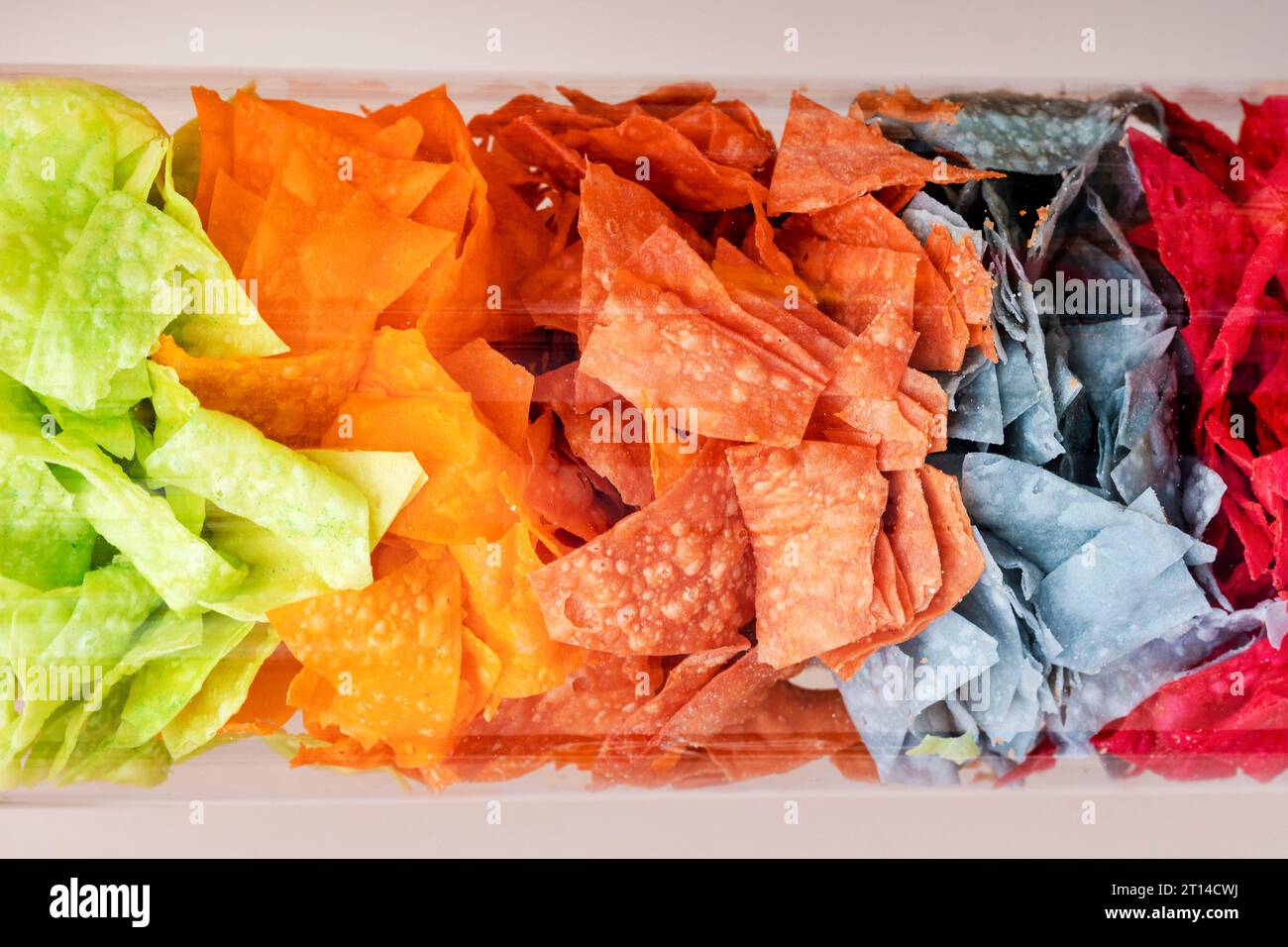 colors of crackers. chips in a tube, chips in a glass container ...