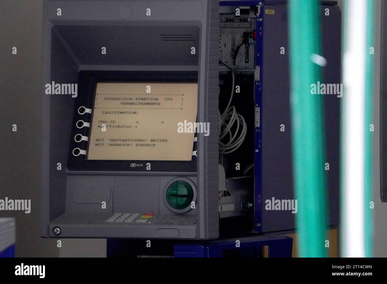 Hamburg, Germany. 11th Oct, 2023. A blown-up ATM stands in a Postbank ...