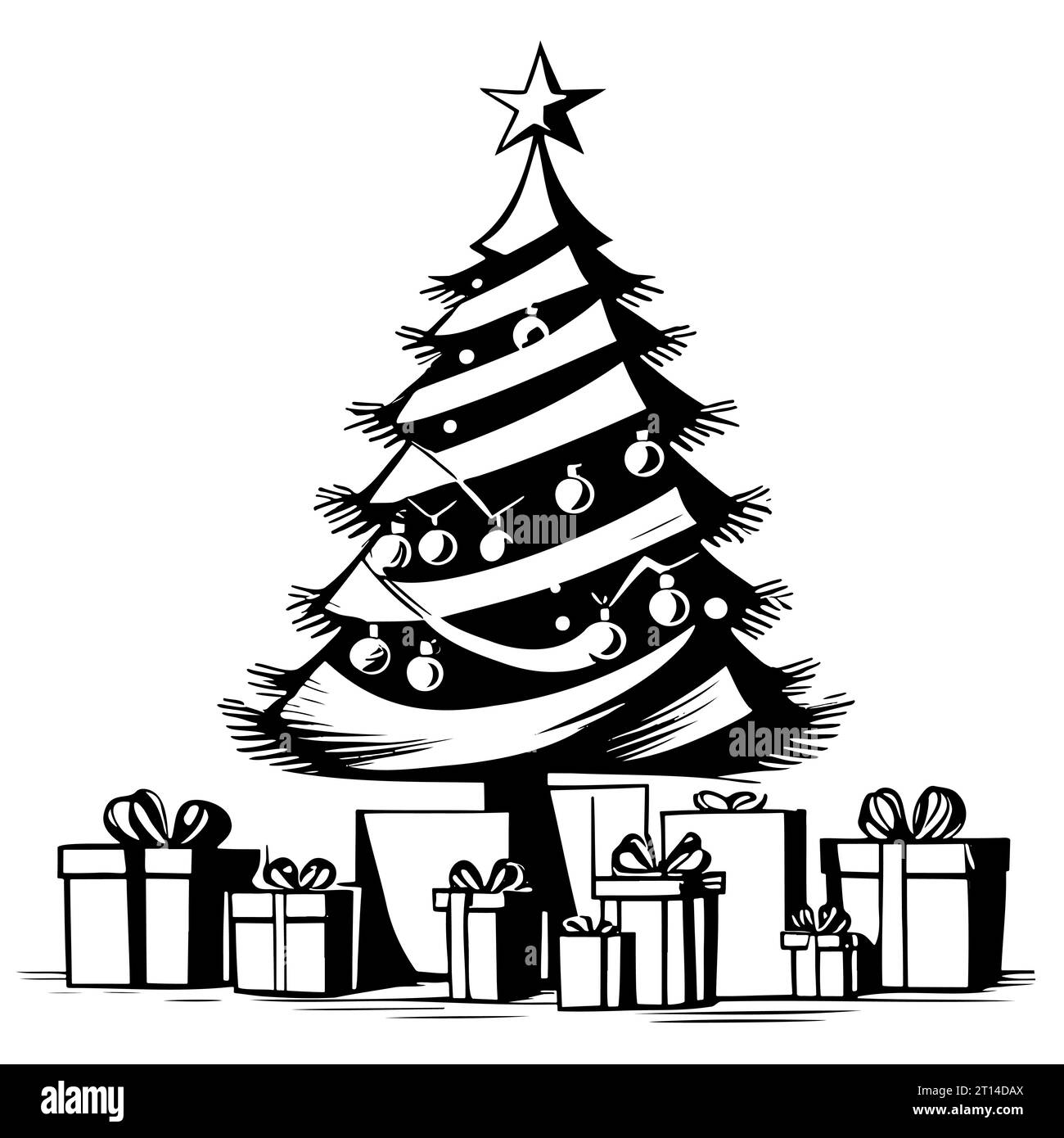 Christmas tree sketch with star and decorated gift boxes, hand drawn ...