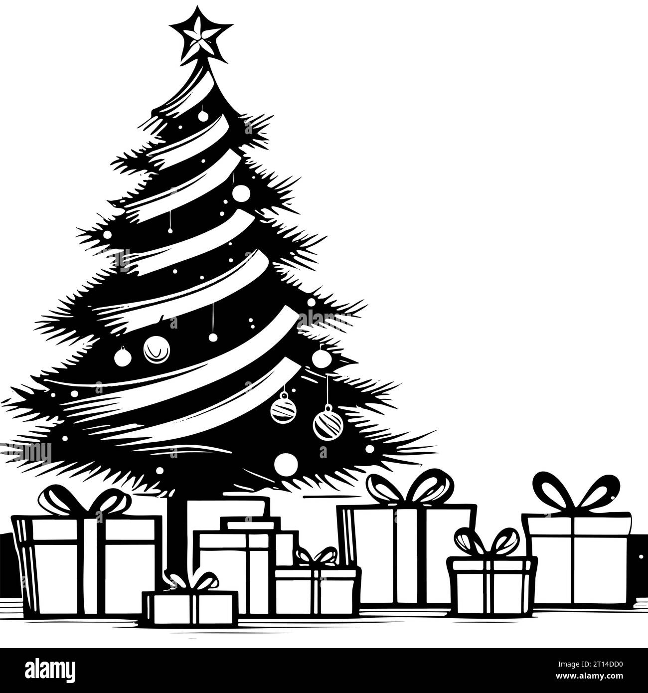 Christmas tree sketch with star and decorated gift boxes, hand drawn ...